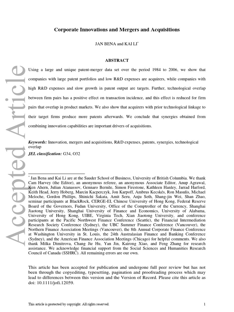 Jofi 12059 | PDF | Mergers And Acquisitions | Logistic Regression