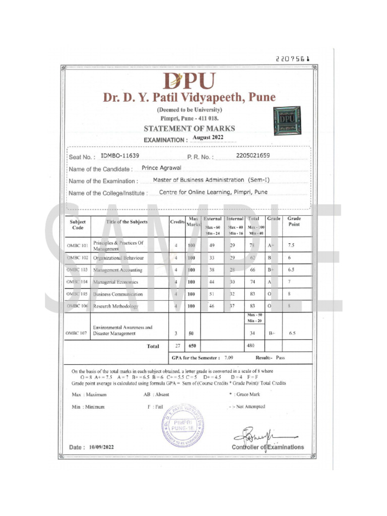MBA Sample Marksheet | PDF