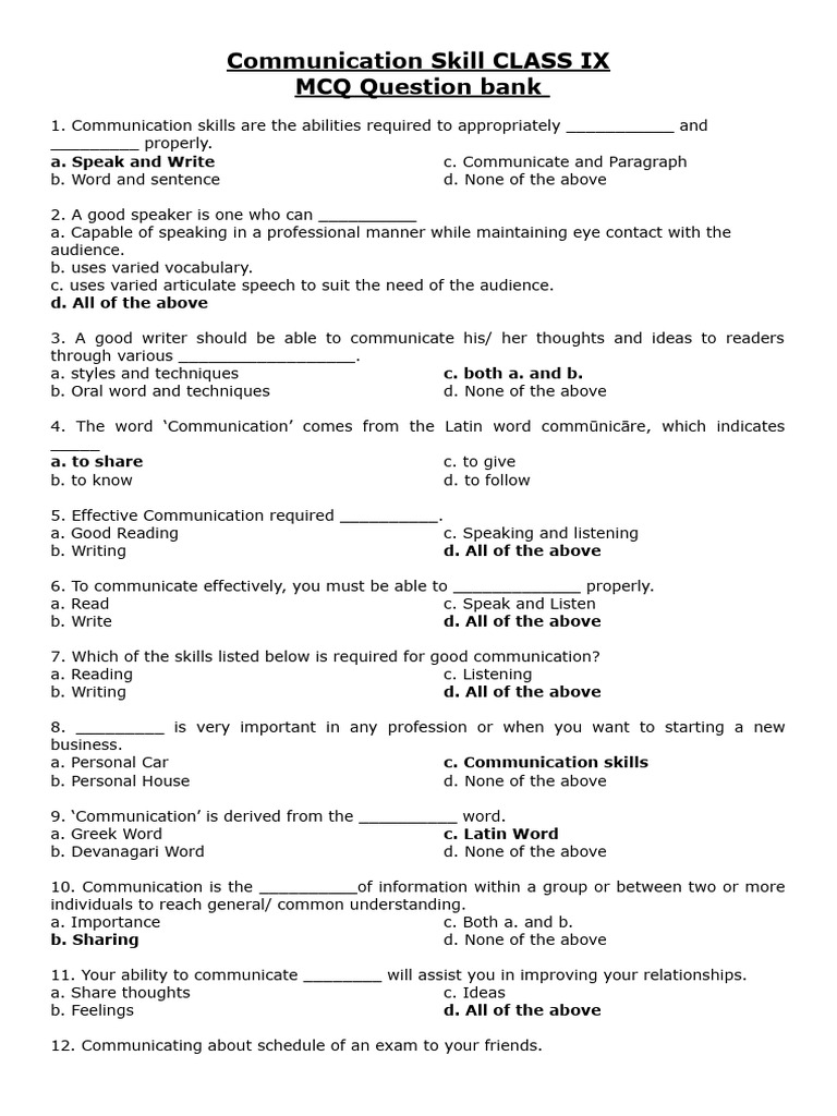 Communication Skill MCQ Class 9 | PDF | Communication | Noun