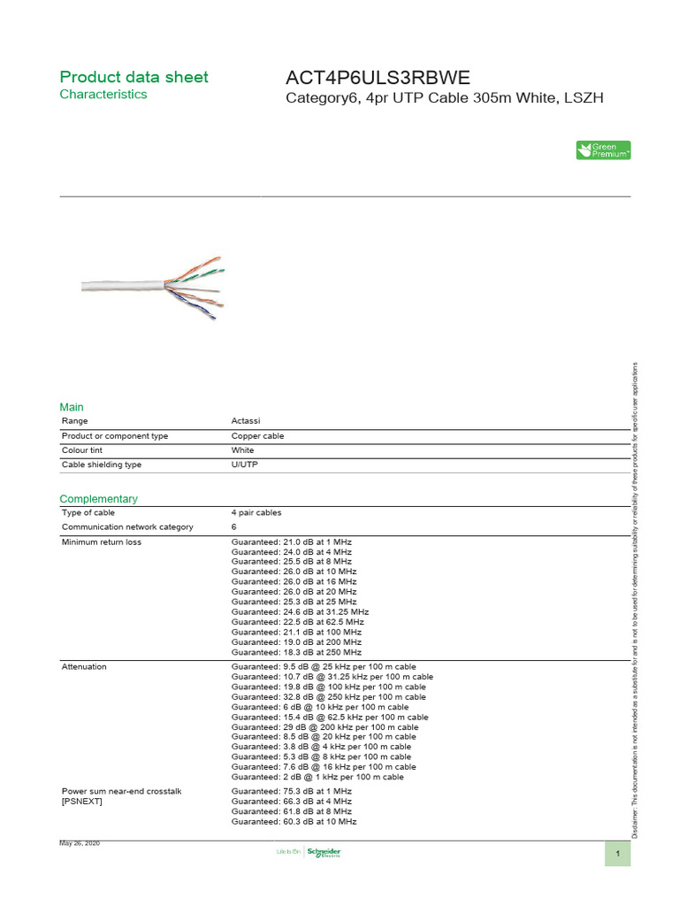 CAT 6 Schneider - Actassi ACT4P6ULS3RBWE | PDF | Wire | Smoke