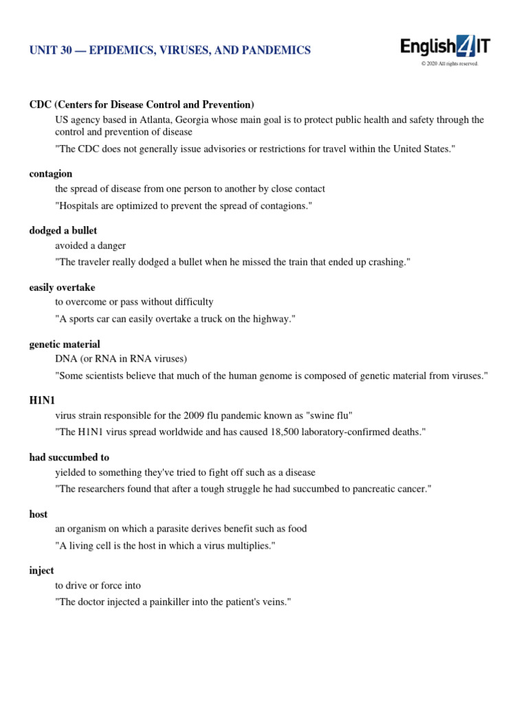 English 4 IT — Unit 30 Vocabulary | PDF | Virus | Influenza