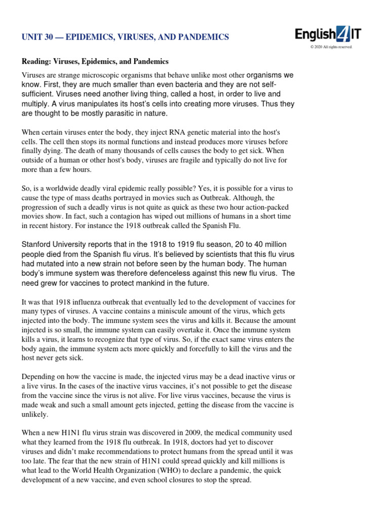 English 4 IT - Unit 30 Viruses, Epidemics, and Pandemics Reading | PDF ...