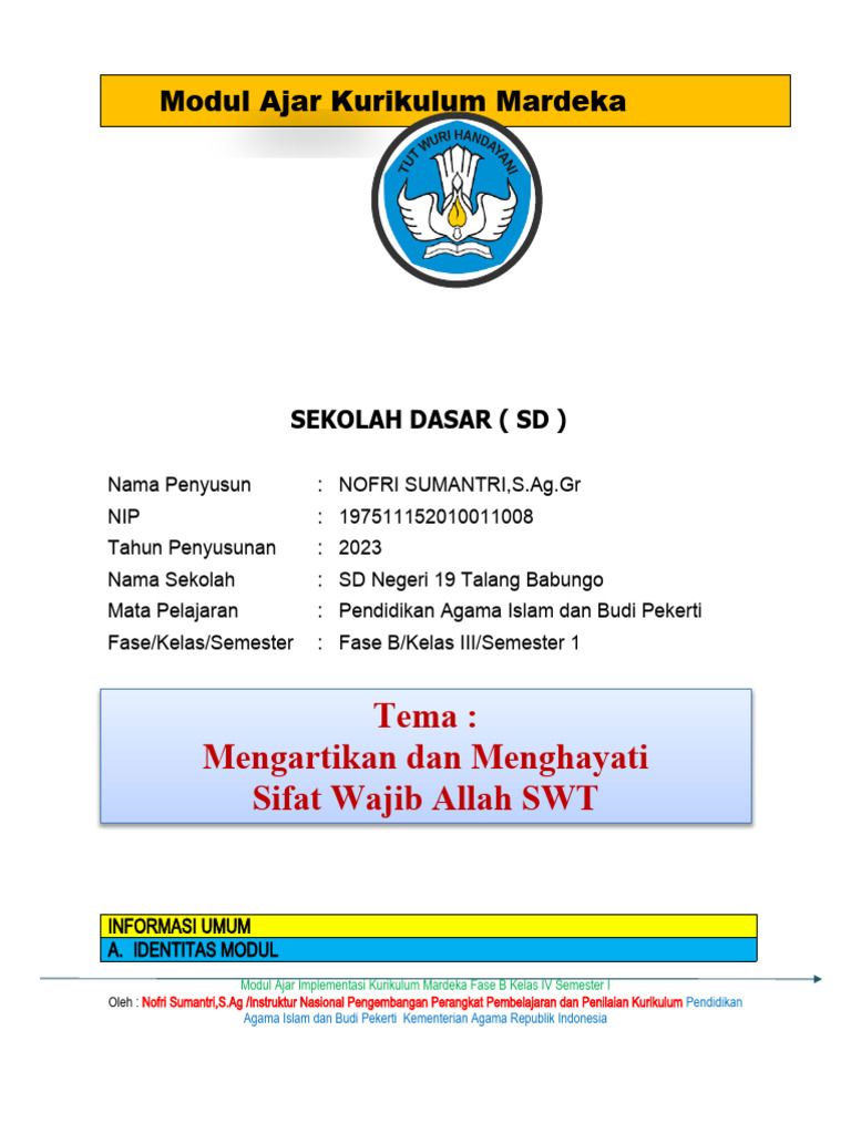 Modul Ajar Kelas 3 Bab 2 Mengartikan Dan Menghayati Sifat Wajib Bagi Allah SWT | PDF