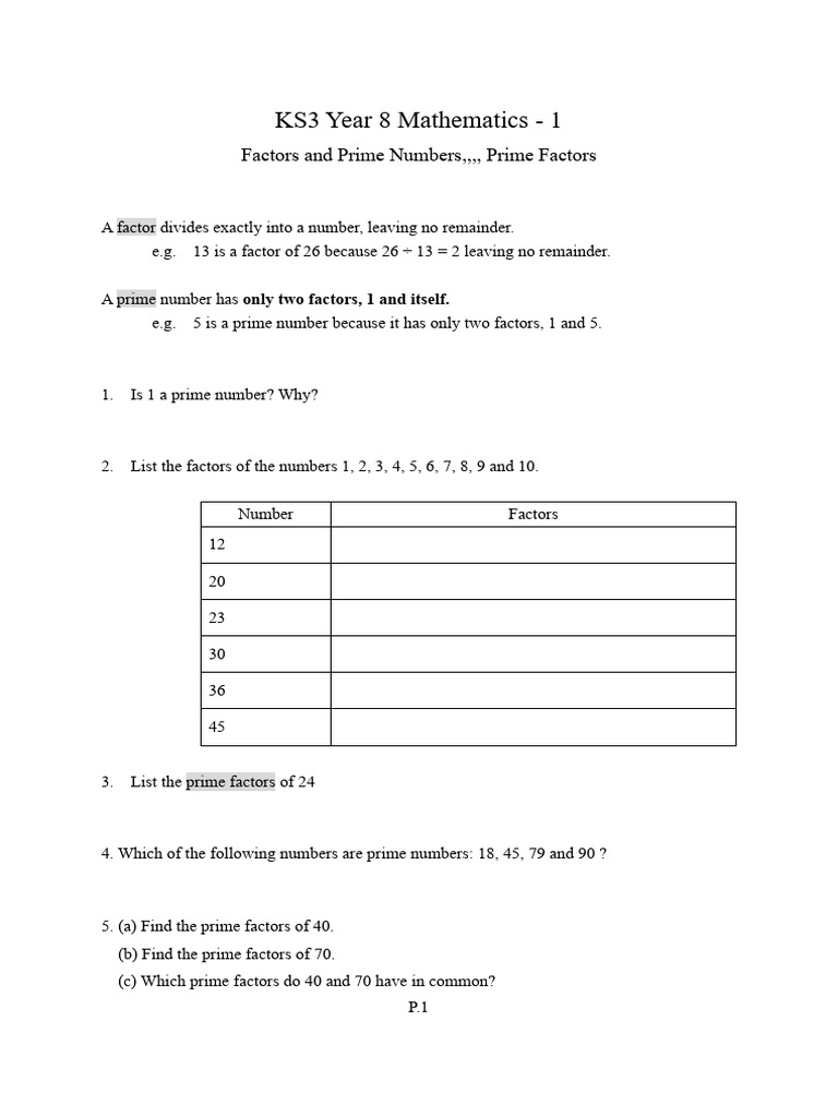 KS3 - Year 8 - 1 - Factors and Prime Numbers,,,, Prime Factors | PDF ...