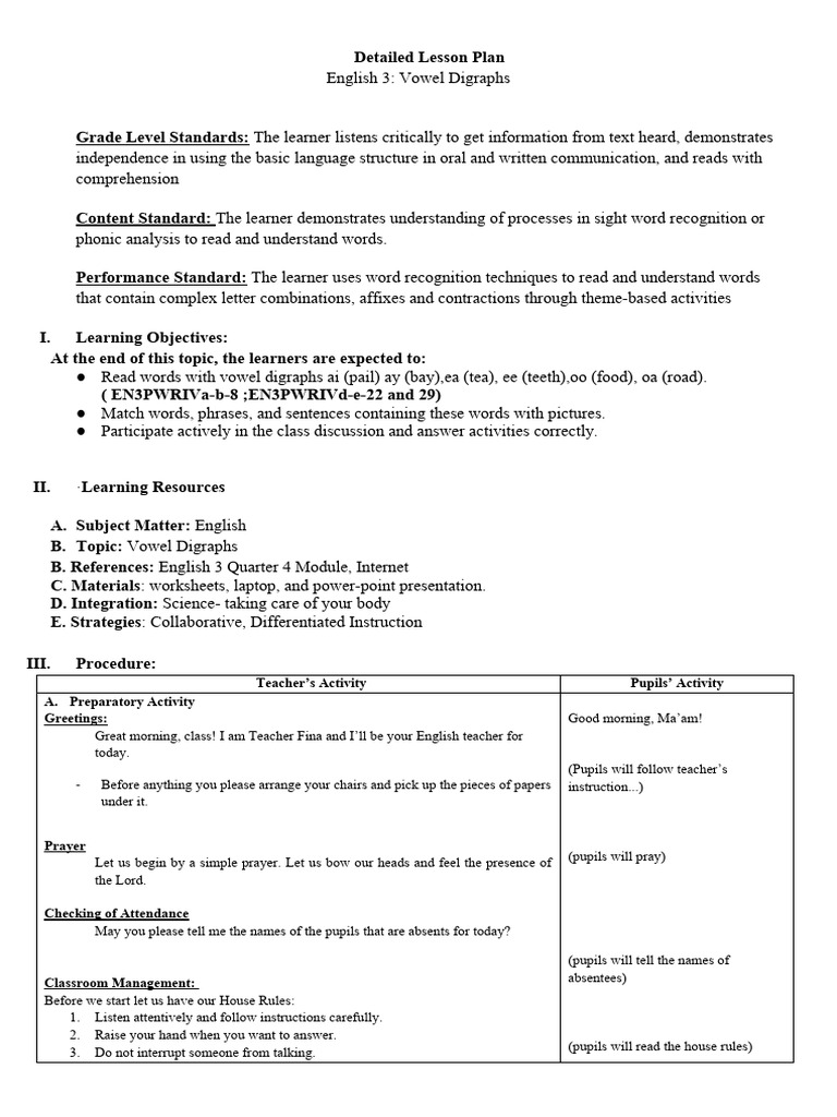 Lesson Plan in Teaching Vowel Digraphs | PDF | Lesson Plan | English ...