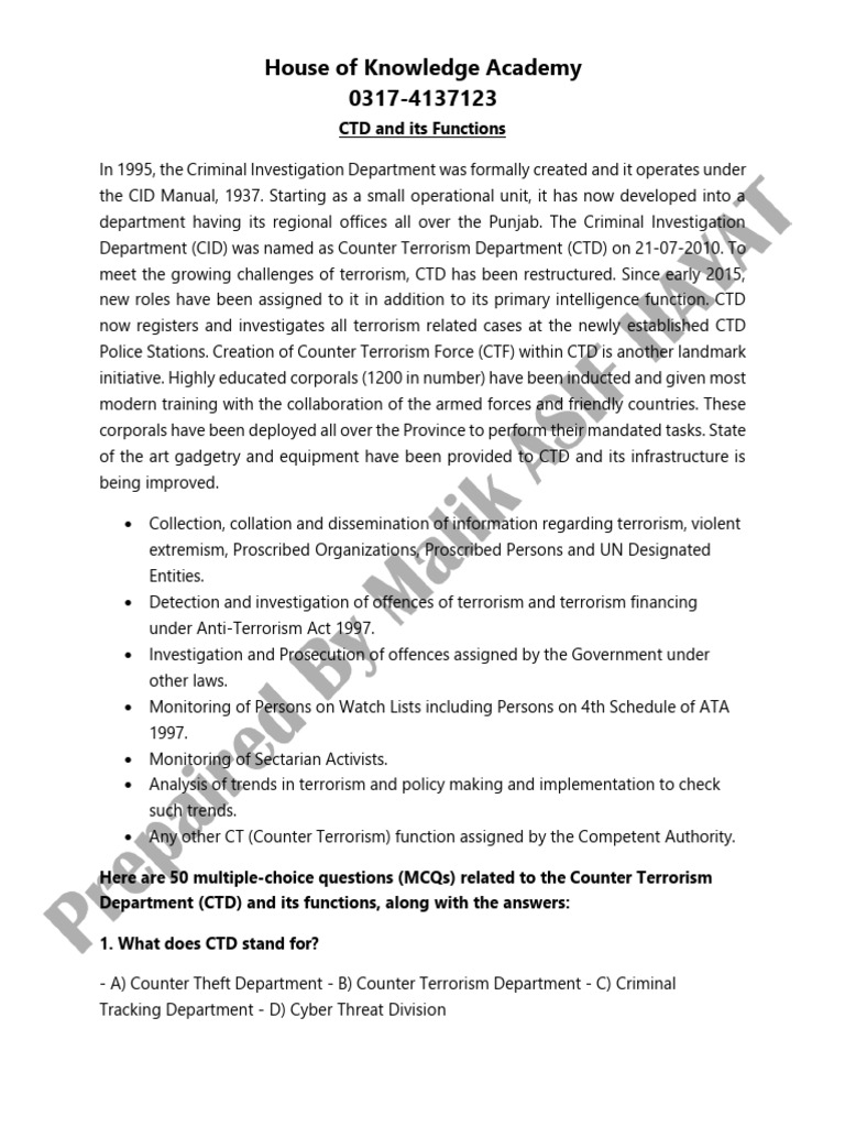 CTD Functions & MCQ About CTD | PDF | National Security | Government