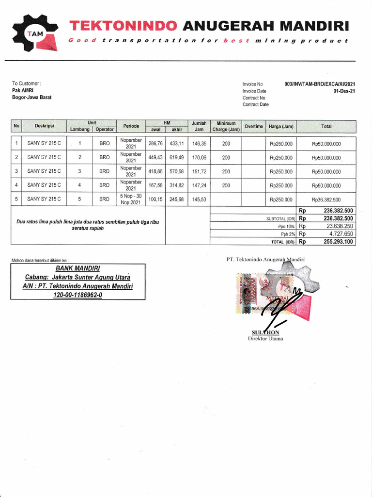 Invoice 003 Exca PT BRO 1 Desember 2021 Ok | PDF | Business Documents | Indonesian Rupiah