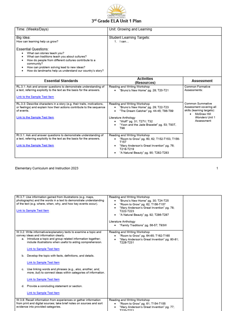 3rd Grade ELA Unit 1 Plan | PDF | Information | Literacy