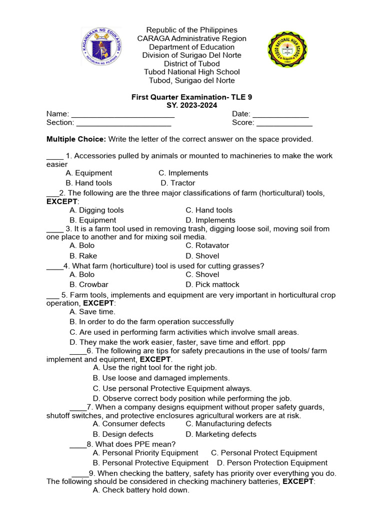 Tle Exam Q1 | PDF | Personal Protective Equipment | Hazards