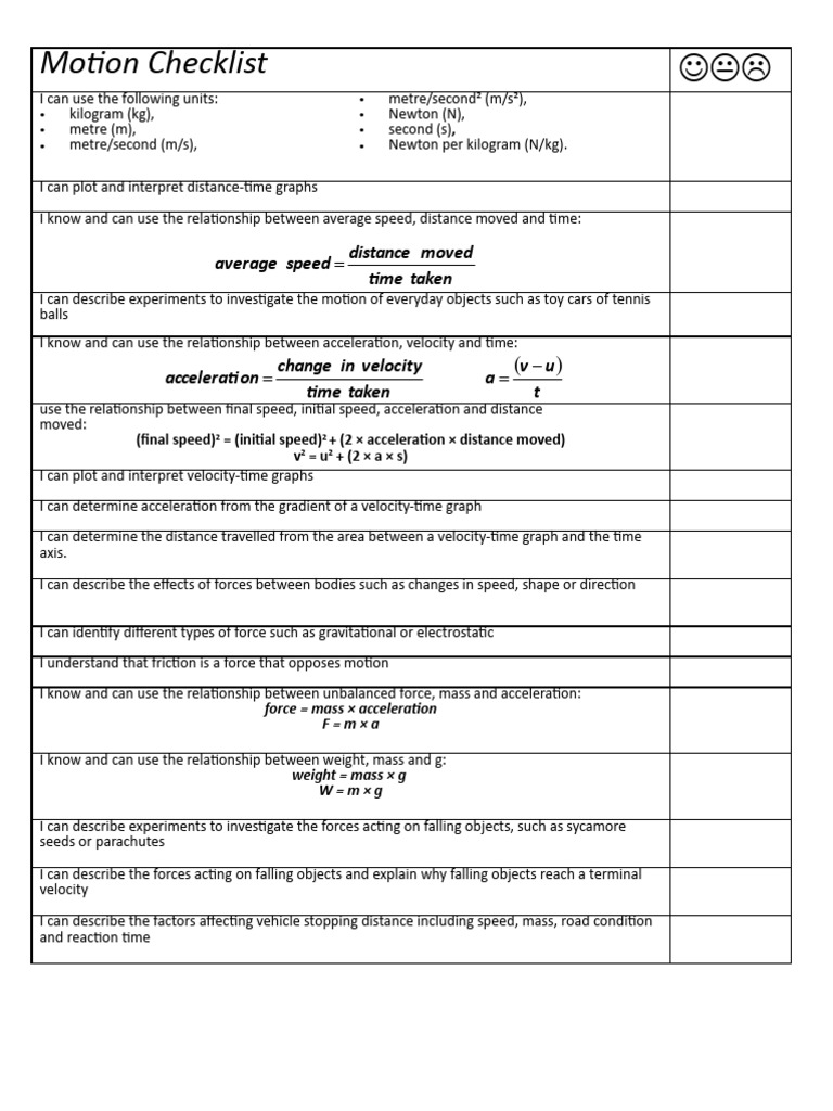 Motion Checklist | PDF | Force | Acceleration