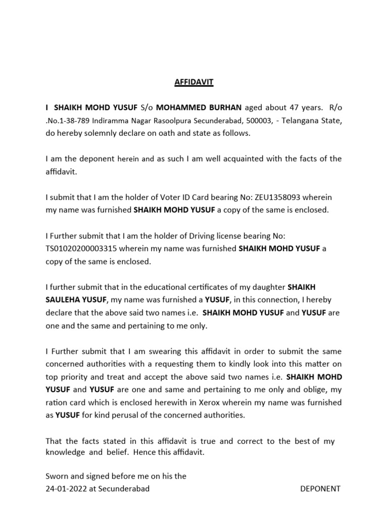 Affidavit Correct Name Show Formate - 1 | PDF