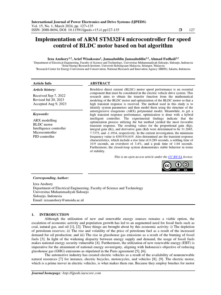 Implementation of ARM STM32F4 Microcontroller For Speed Control of BLDC Motor Based On Bat ...