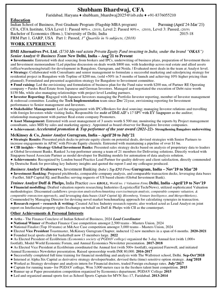 Shubham Bhardwaj ISB - Resume | PDF | Investment Banking | Valuation ...