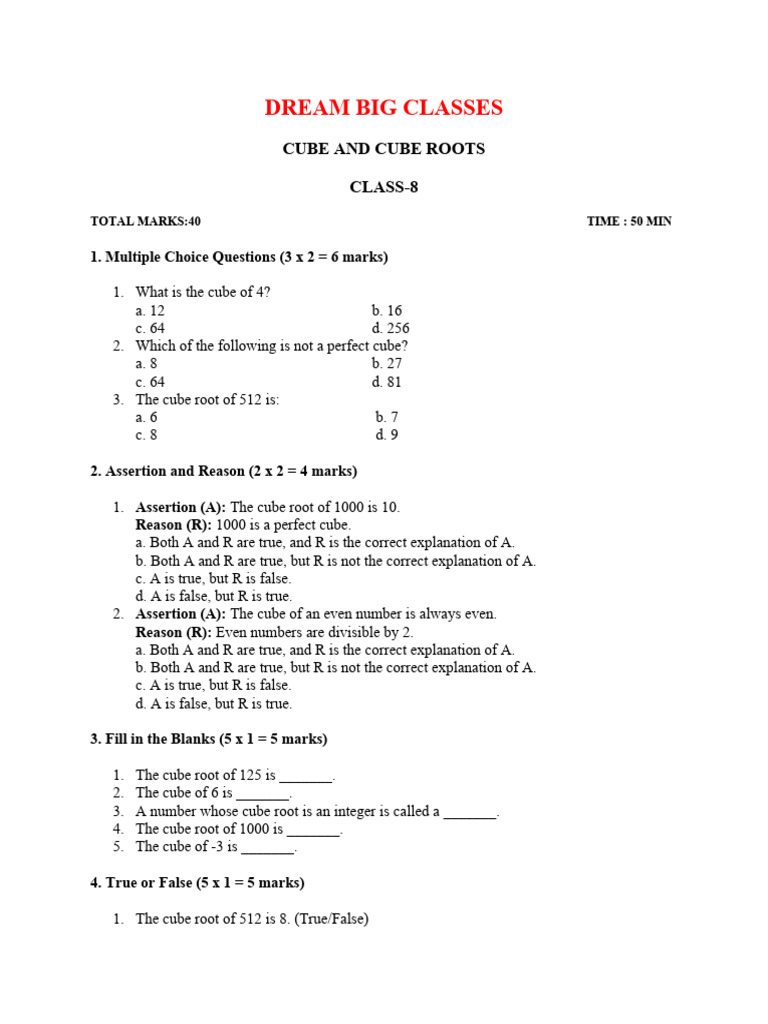 Class 8 Cube and Cube Roots Test Paper | PDF | Numbers | Discrete ...