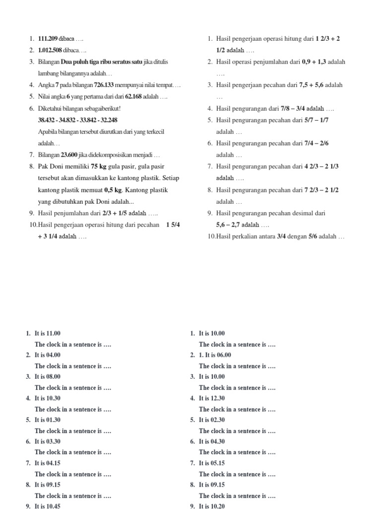 soal kelas 5 tgl 5 agustus 2024 | PDF