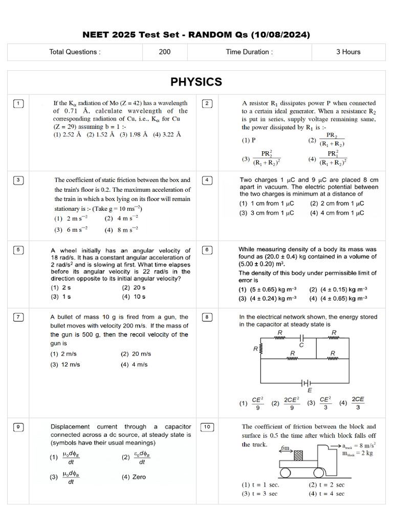 NEET 2025 Random Test Questions Set | PDF | Standardized Tests ...