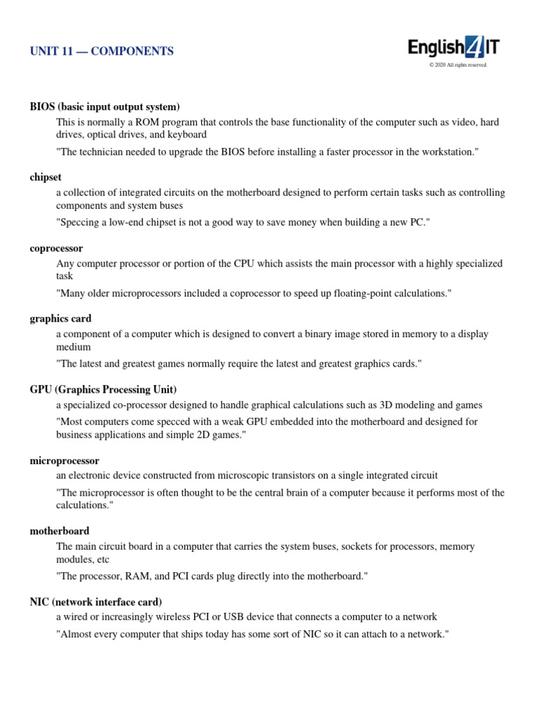 English 4 IT - Unit 11 Vocabulary | PDF | Central Processing Unit | Usb