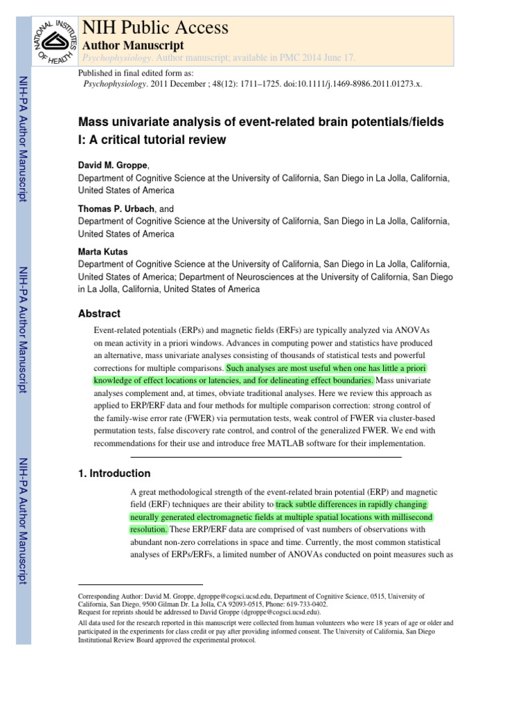 Groppe Et Al., 2011. Mass Univariate Analysis of ERP A Critical Review | PDF | Event Related ...