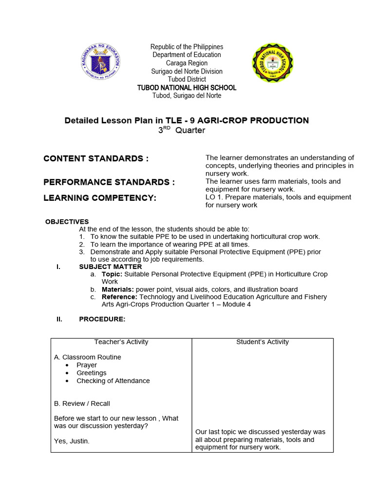3rd Q Detailed Lesson Plan | PDF | Personal Protective Equipment | Safety