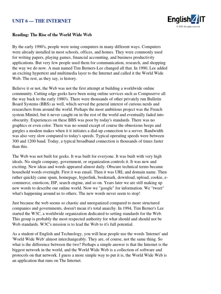 English 4 IT - Unit 6 The Rise of The World Wide Web Reading | PDF ...