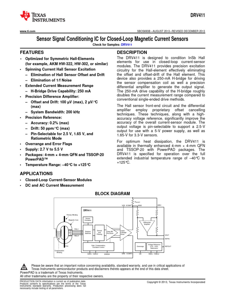Sensor Signal Conditioning Ic For Closed Loop Magnetic Current Sensors