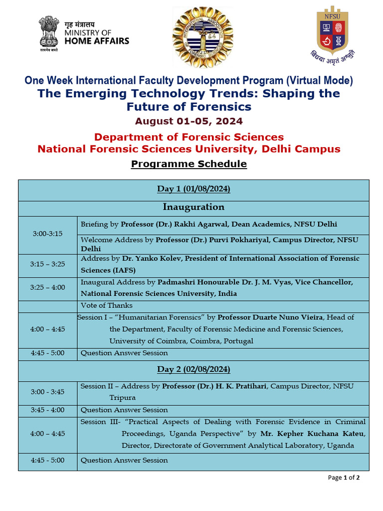 Schedule For International FDP, August 2024 | PDF | Forensic Science | Medicine