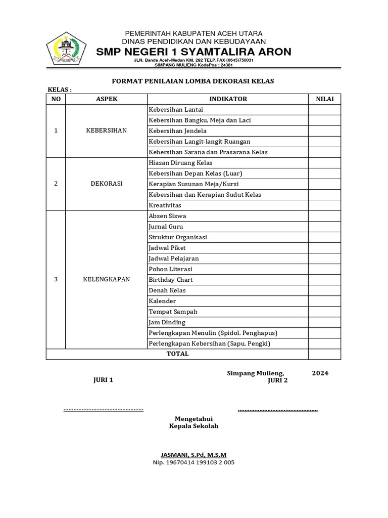 Format Penilaian Lomba Dekorasi Kelas | PDF