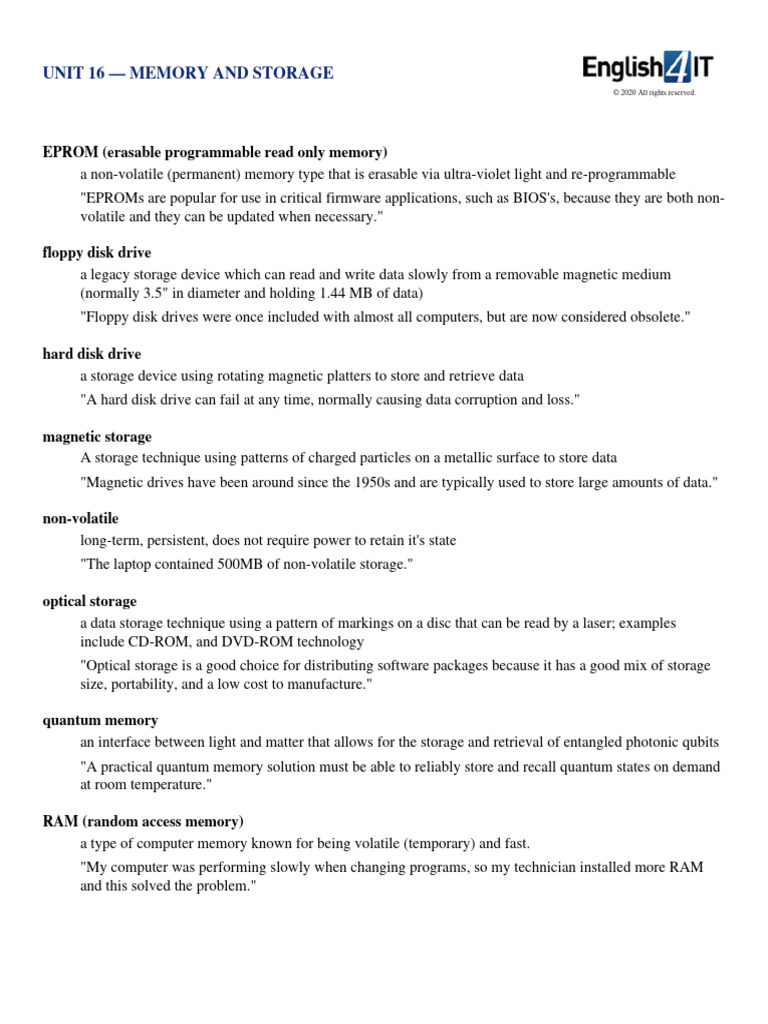 English 4 IT - Unit 16 Vocabulary | PDF | Computer Data Storage | Read Only Memory