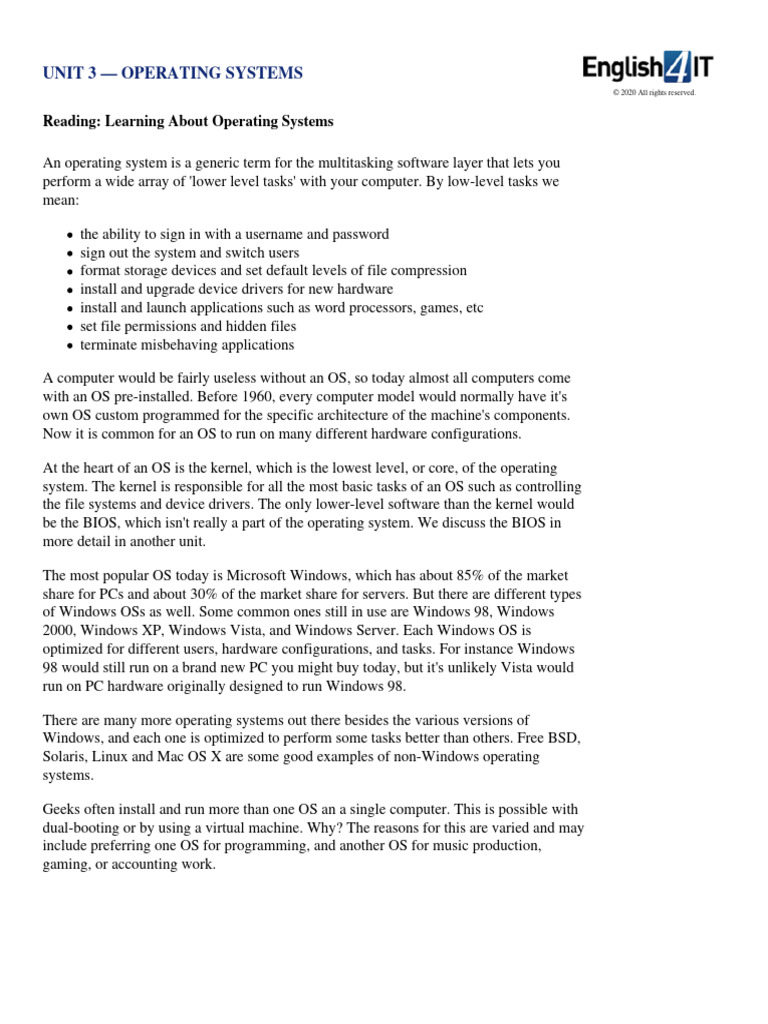 English 4 IT - Unit 3 Learning About Operating Systems Reading | PDF | Operating System ...