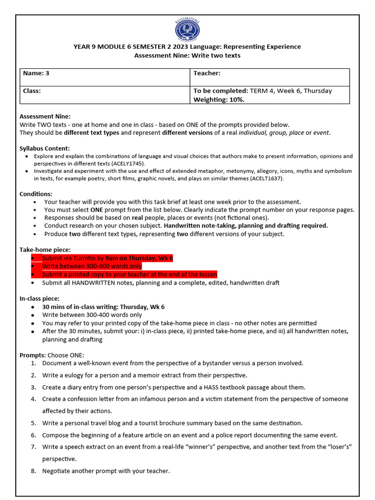 Year 9 Assessment 9 Task Brief 2023 FINAL | PDF | Human Communication | Writing