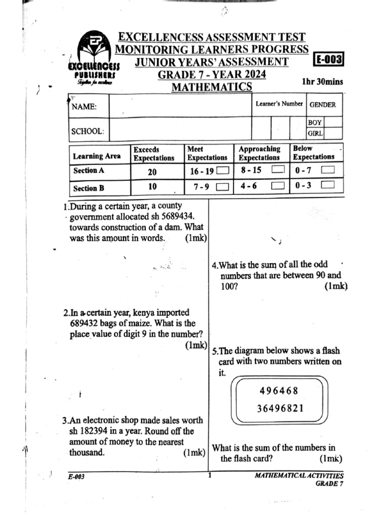 Excellence Maths assessment | PDF