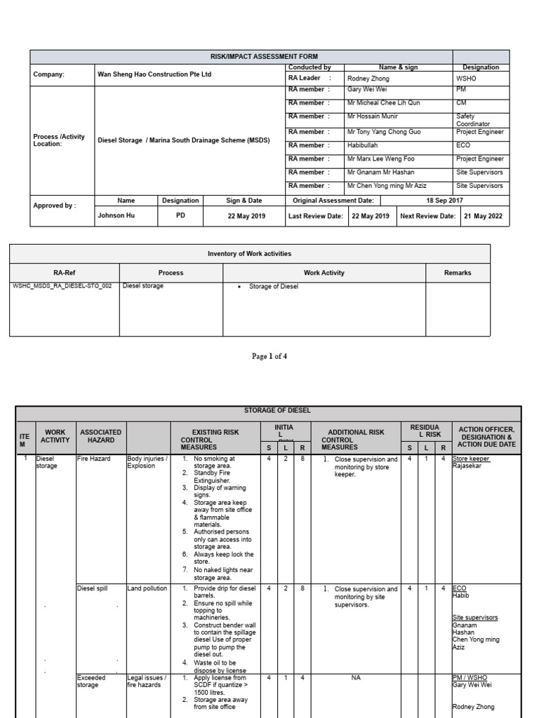 Diesel Storage Risk Assessment Form | PDF | Occupational Safety And ...