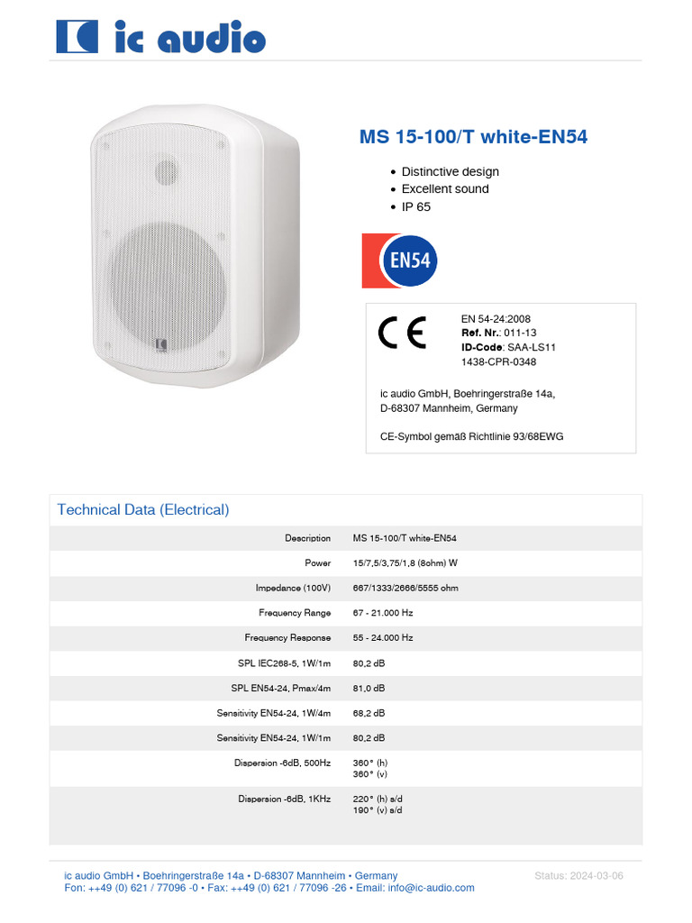 MS 15-100T white-EN54 en | PDF | Manufactured Goods | Electricity