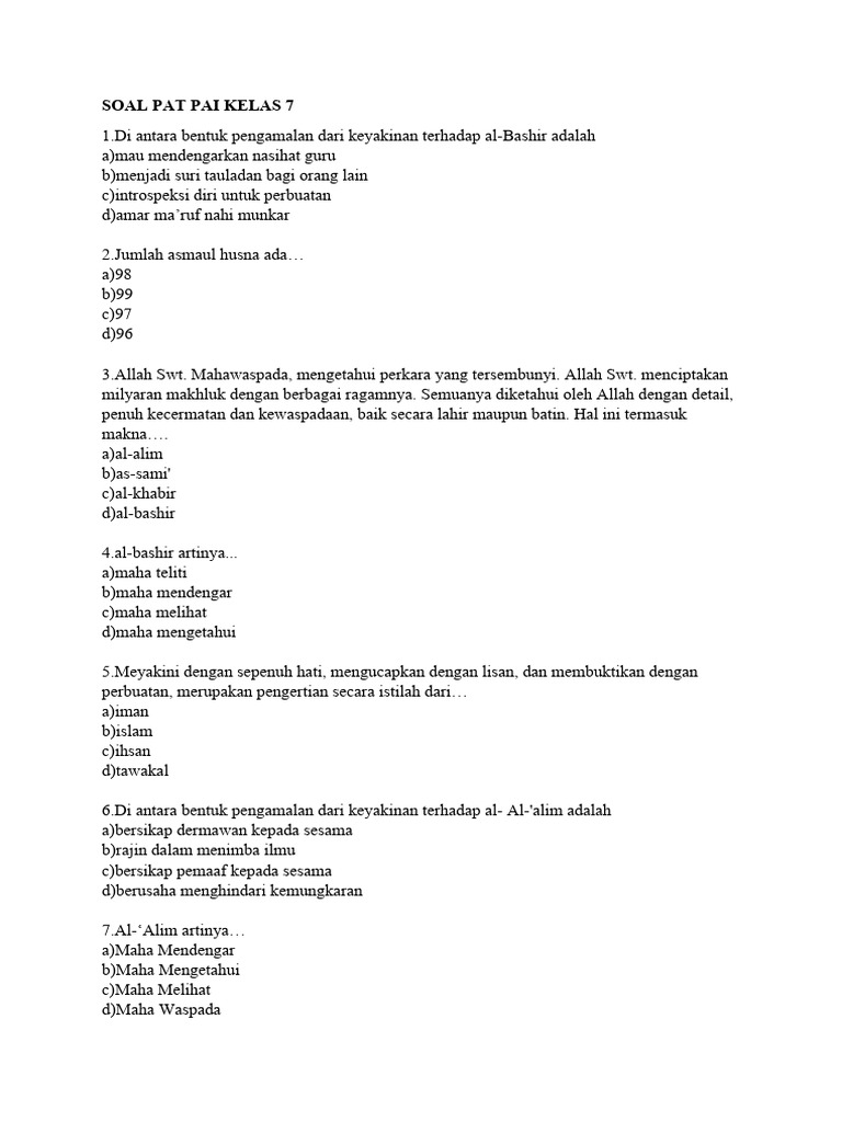Soal Pat Pai Kelas 7 8 23-24 | PDF