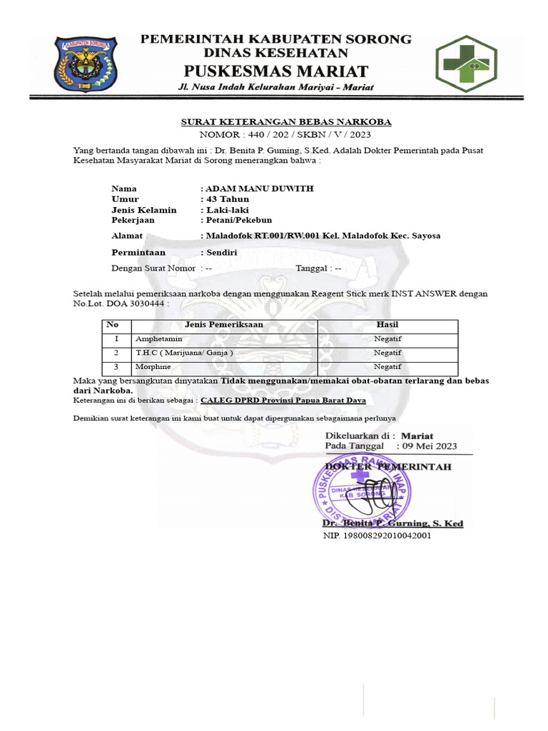 Surat Keterangan Bebas Narkoba Adam Manu Duwith | PDF