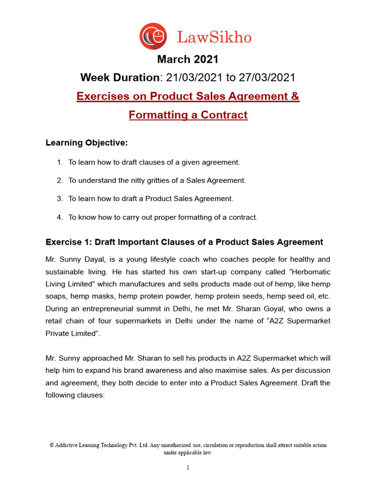 Weekly Exercises On Product Sales Agreement & Formatting of A Contract ...