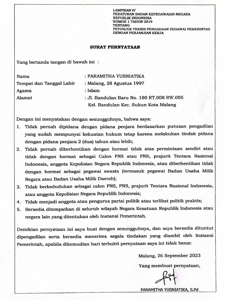 Surat Pernyataan 5 Point Fix | PDF