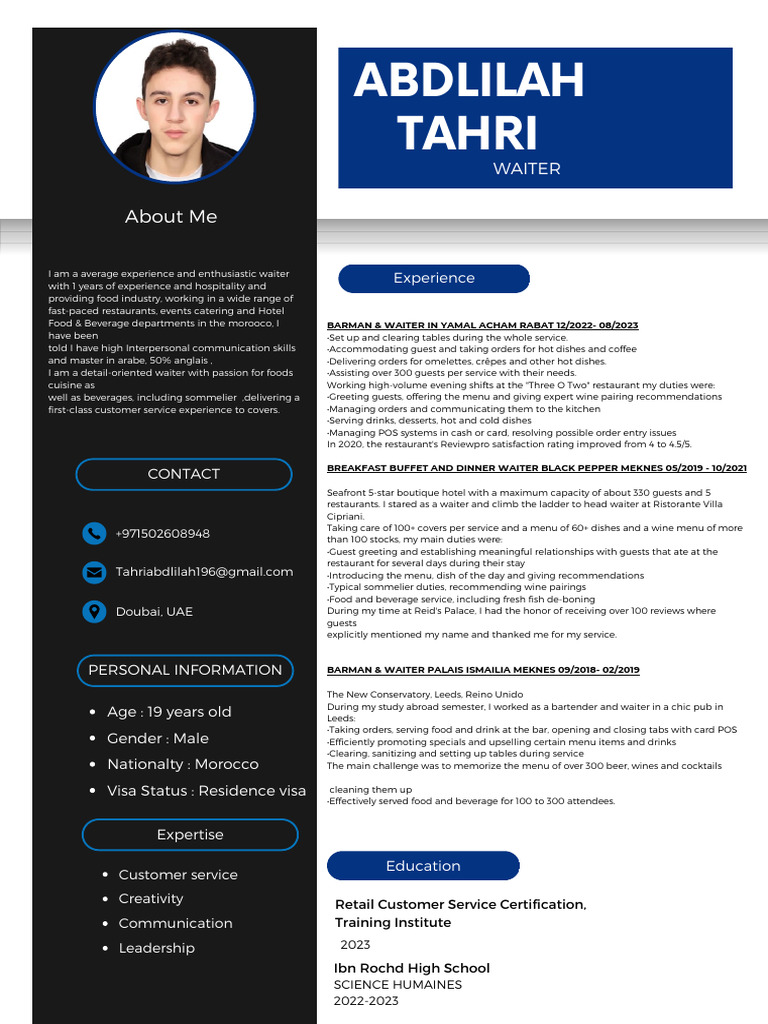 Black Modern Professional Resume-1 | PDF | Waiting Staff | Restaurants
