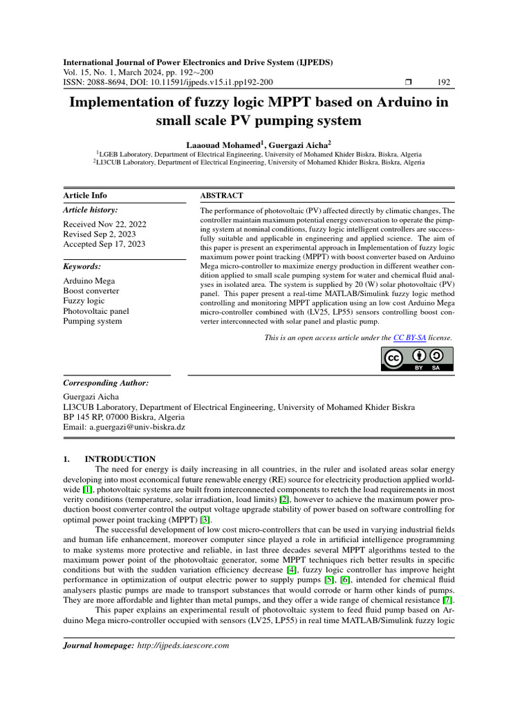 Implementation of Fuzzy Logic MPPT Based On Arduino in Small Scale PV Pumping System | PDF ...