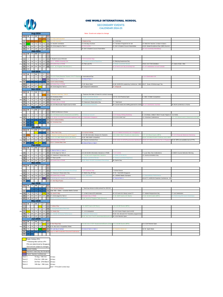 OWIS Secondary Calendar 2024-25 | PDF | Schools | Observances