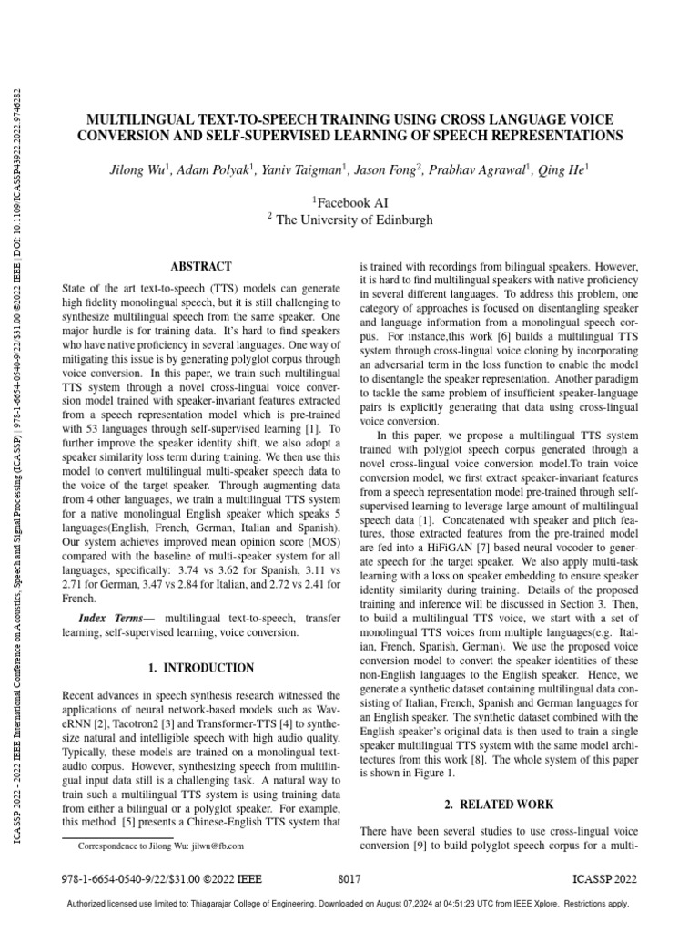 Multilingual Text-To-Speech Training Using Cross Language Voice Conversion and Self-Supervised ...
