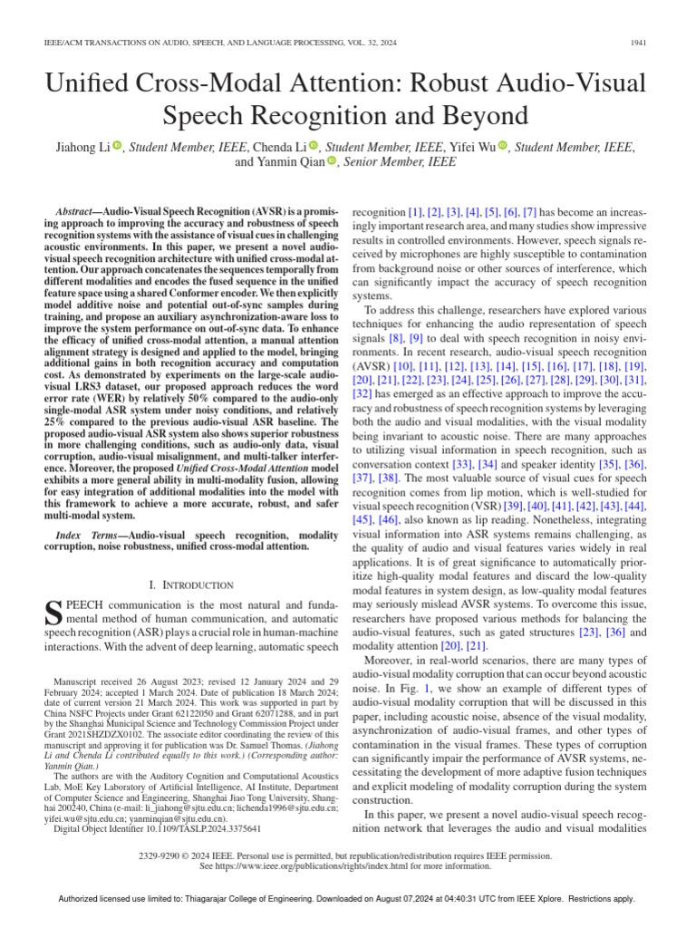 Unified Cross-Modal Attention Robust Audio-Visual Speech Recognition and Beyond | PDF | Speech ...