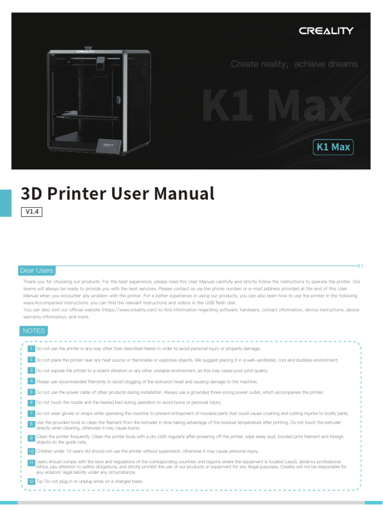 Creality K1 Max User Manual V1.4 | PDF | Radio | Printer (Computing)