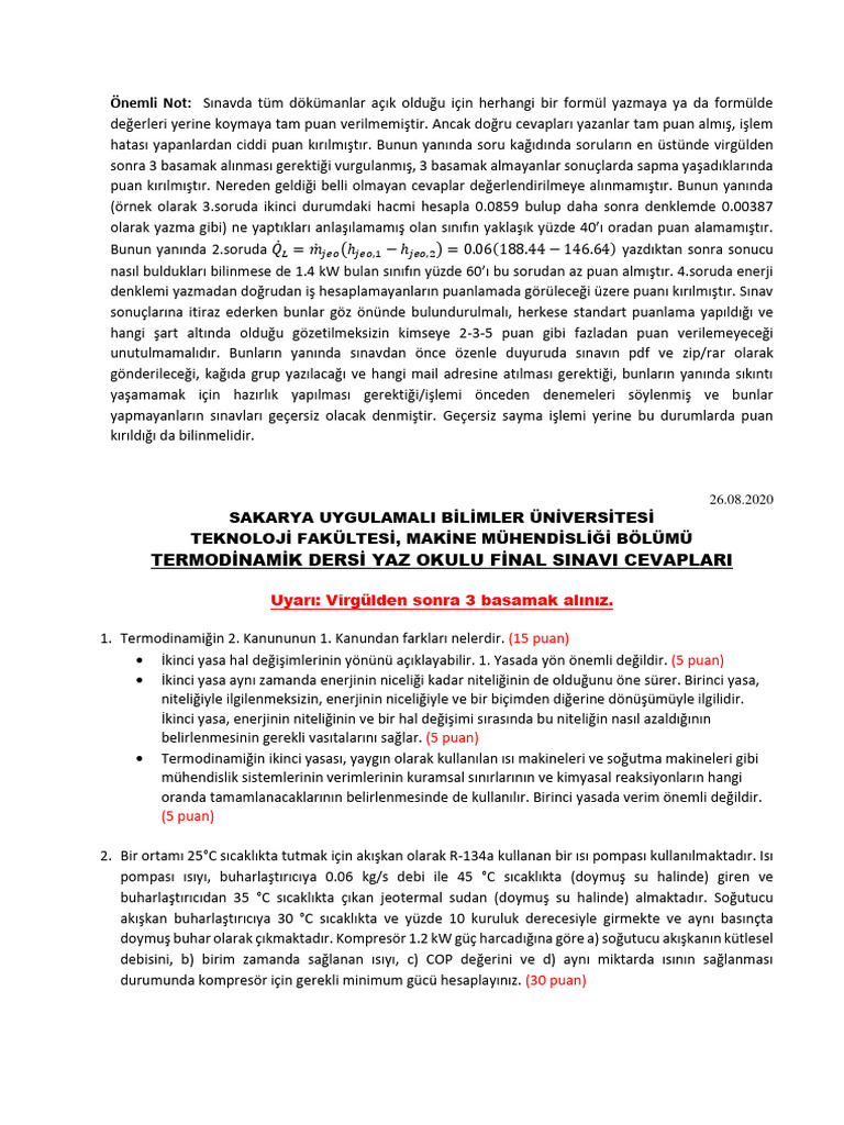 Termodinamik 2020 Yaz Okulu Final - Subu | PDF