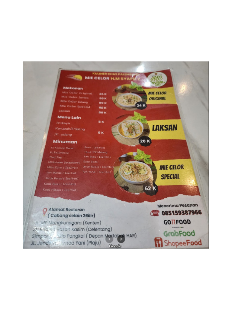 Menu Mie Celor H.M. Syafei | PDF