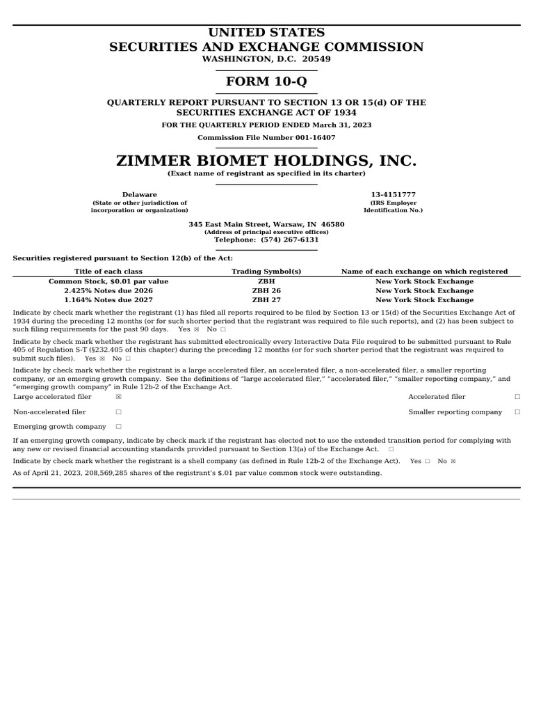 Zimmer Biomet Q1 2023 10-Q Report | PDF | Equity (Finance) | Financial ...