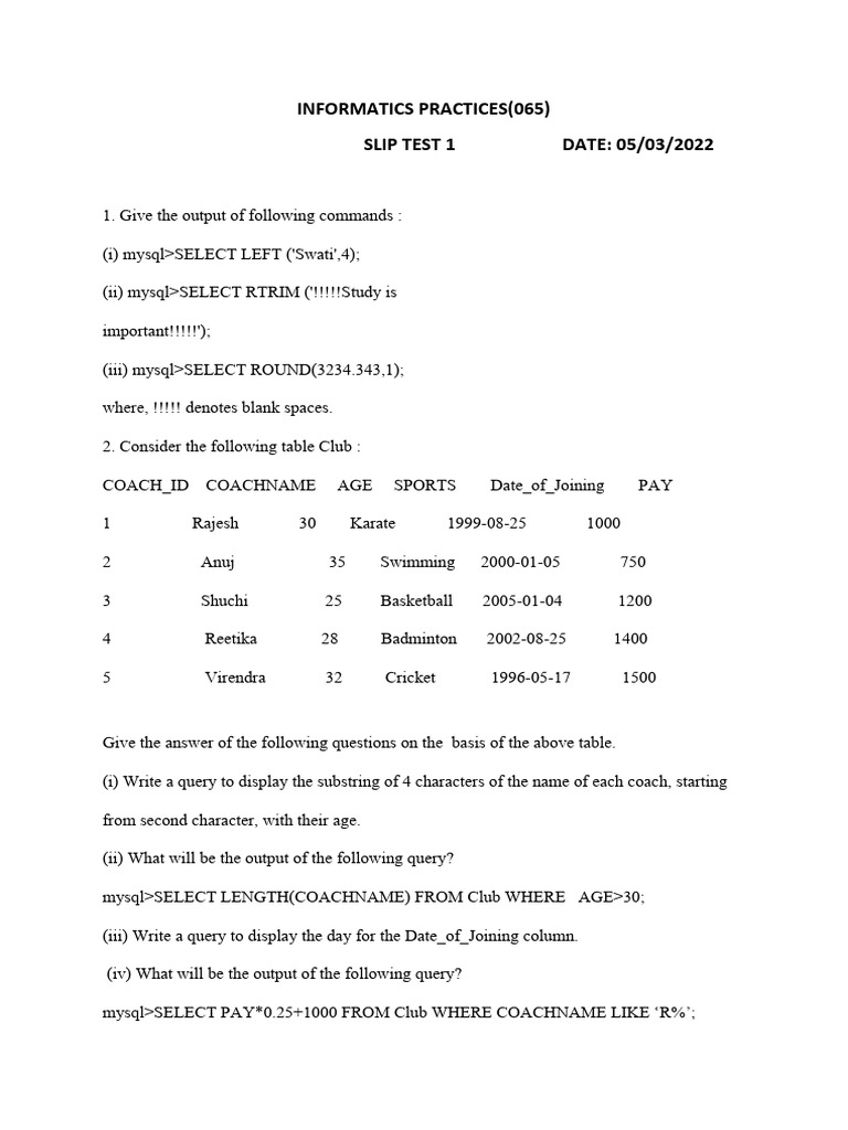 Mysql Questions For Class Xii Ip | PDF | Computer Data | Data Management