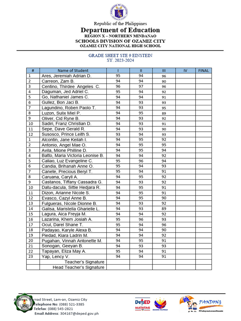 Einstein Grade Sheet SY 2023-2024 | PDF