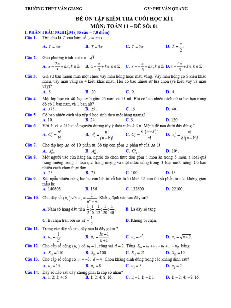 BỘ ĐỀ ÔN TẬP HK1 Toán-K11-CHỈ CÓ ĐỀ | PDF