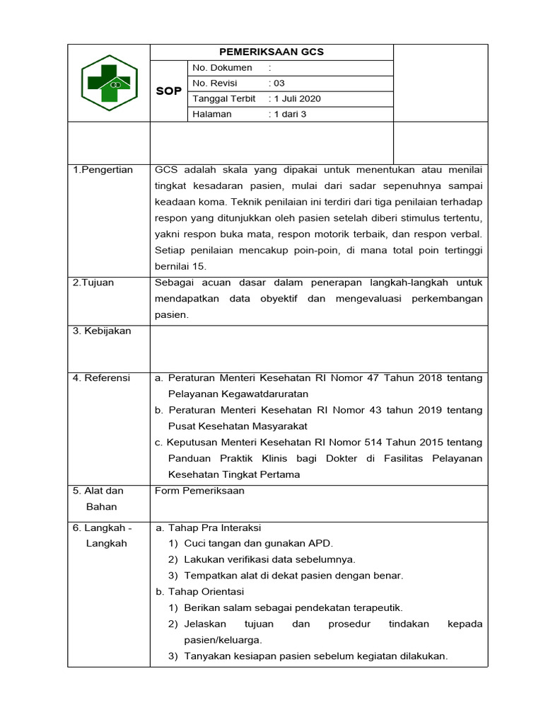 SOP Pemeriksaan GCS | PDF